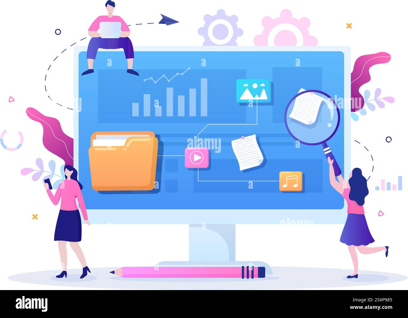 File Management System and Information Vector Illustration with People ...