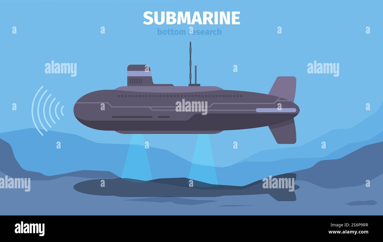 Underwater life with submarine. Ocean background landscape exploring ...