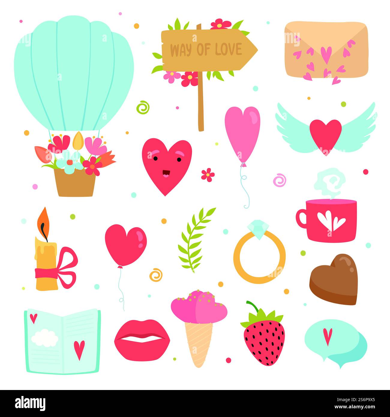 Love concept icons. Romance symbols marriage flowers hearts envelope ...