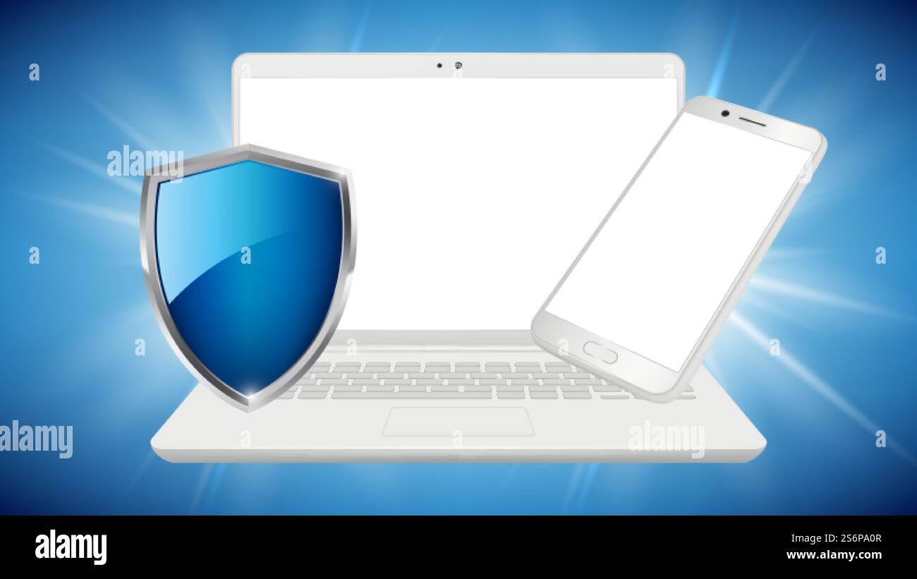 Data protection. Laptop smartphone mockup, white devices and shield ...
