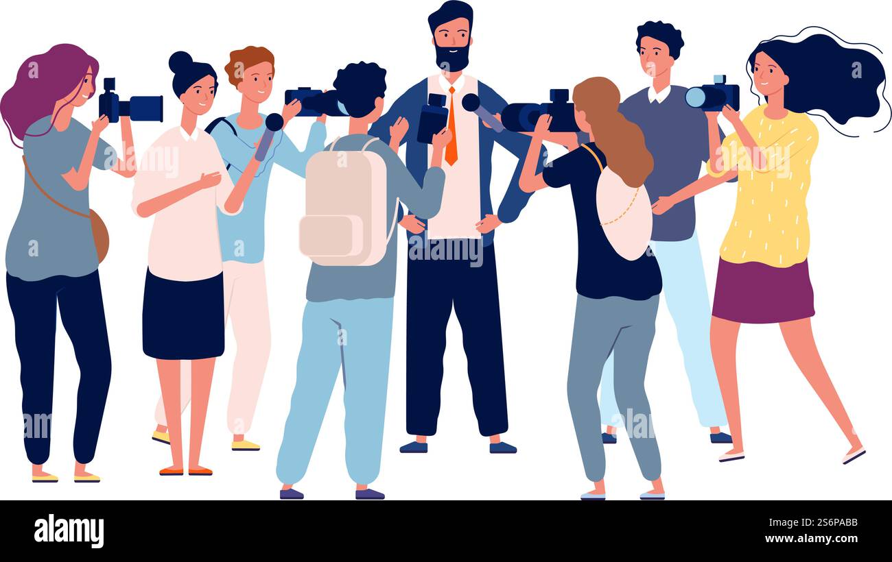 Political interview businessman talk with crowd journalists hi-res ...