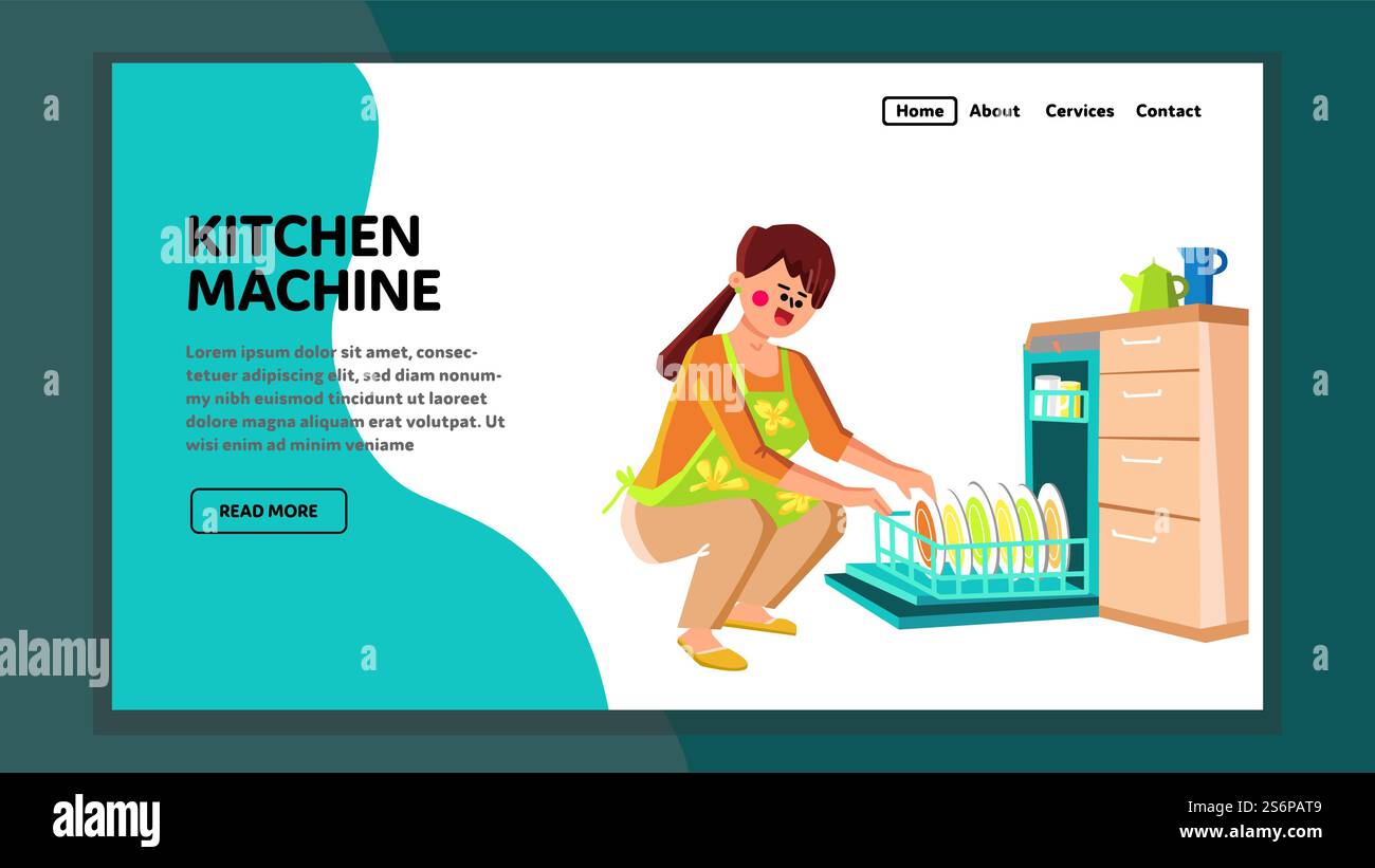 Kitchen Machine Woman Using For Wash Dishes Vector. In Dishwasher ...
