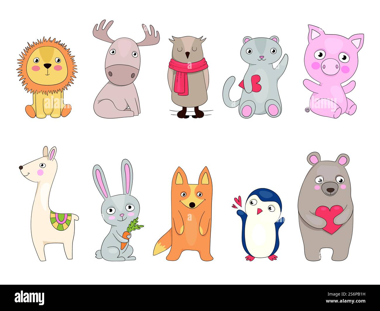 Cute animals. Owl hedgehog tiger panda rabbit vector hand drawn zoo ...