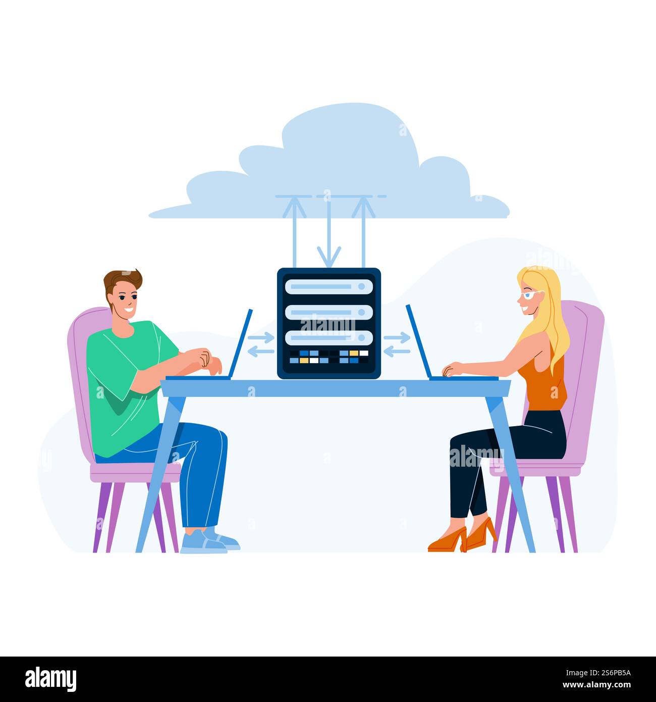 Cloud Hosting Storage Service Using People Vector. Cloud Hosting Data Server Use Man And Woman ...