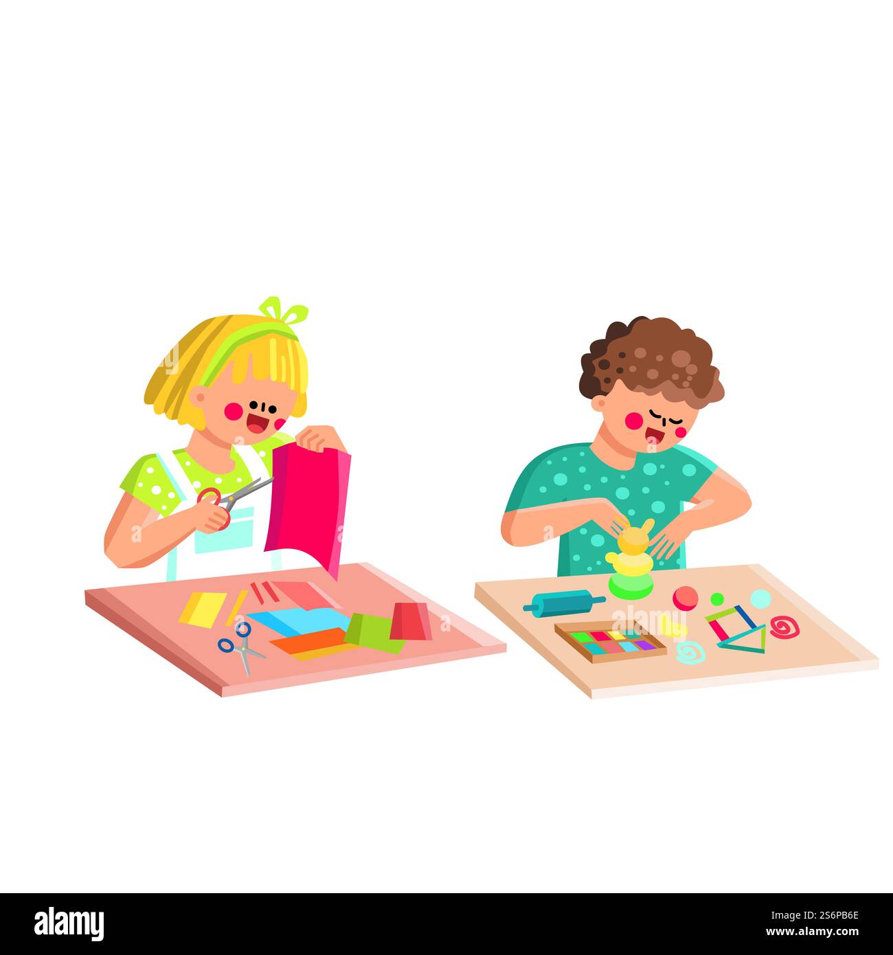Boy And Girl Kids Crafting In Classroom Vector. Preteen Schoolboy And ...