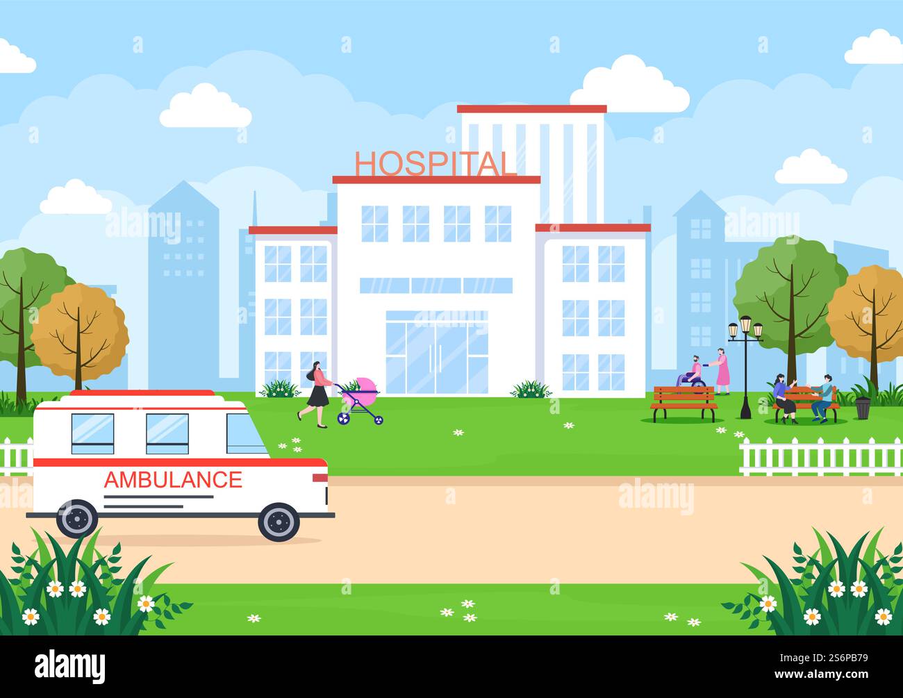 Hospital Building for Healthcare Cartoon Background Vector Illustration ...