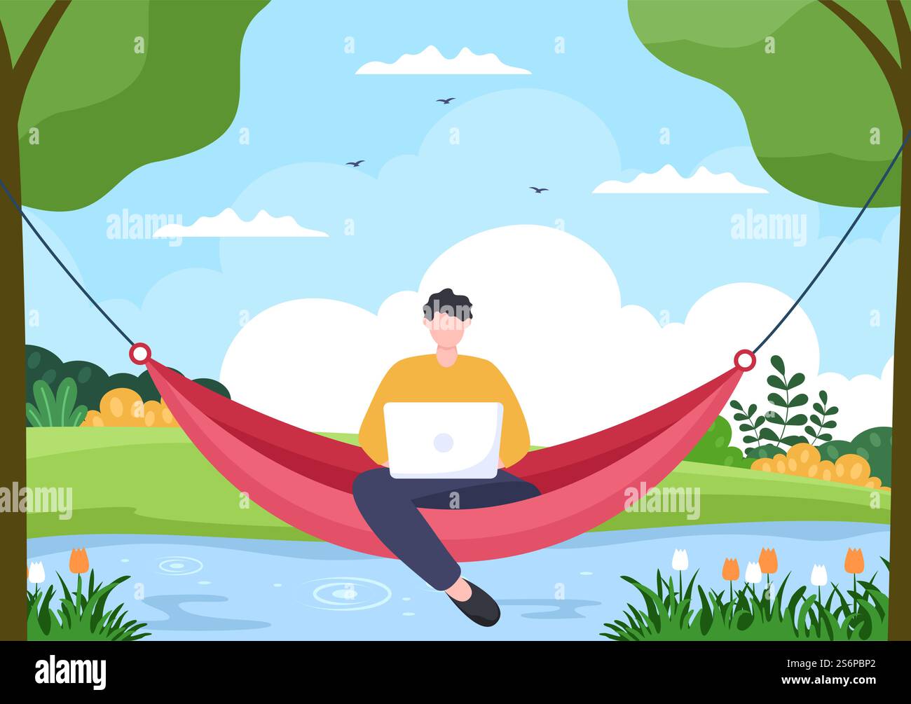 People Lying on Hammock in Park Flat Cartoon Vector Illustration ...
