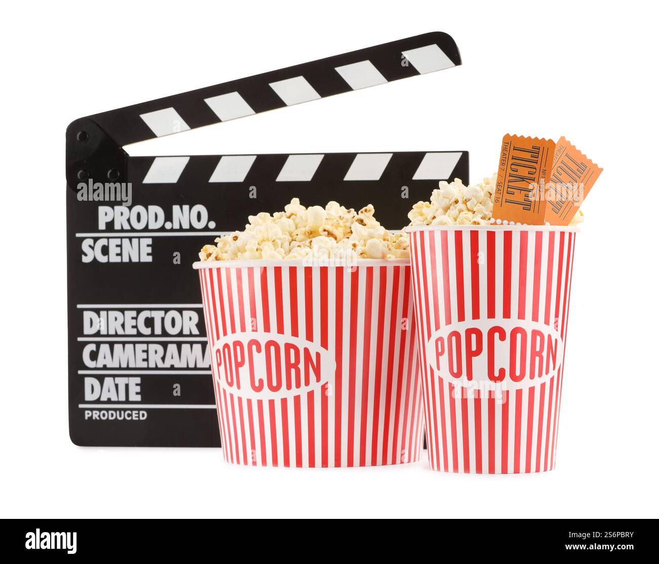 Tasty popcorn, clapper and movie tickets isolated on white Stock Photo ...