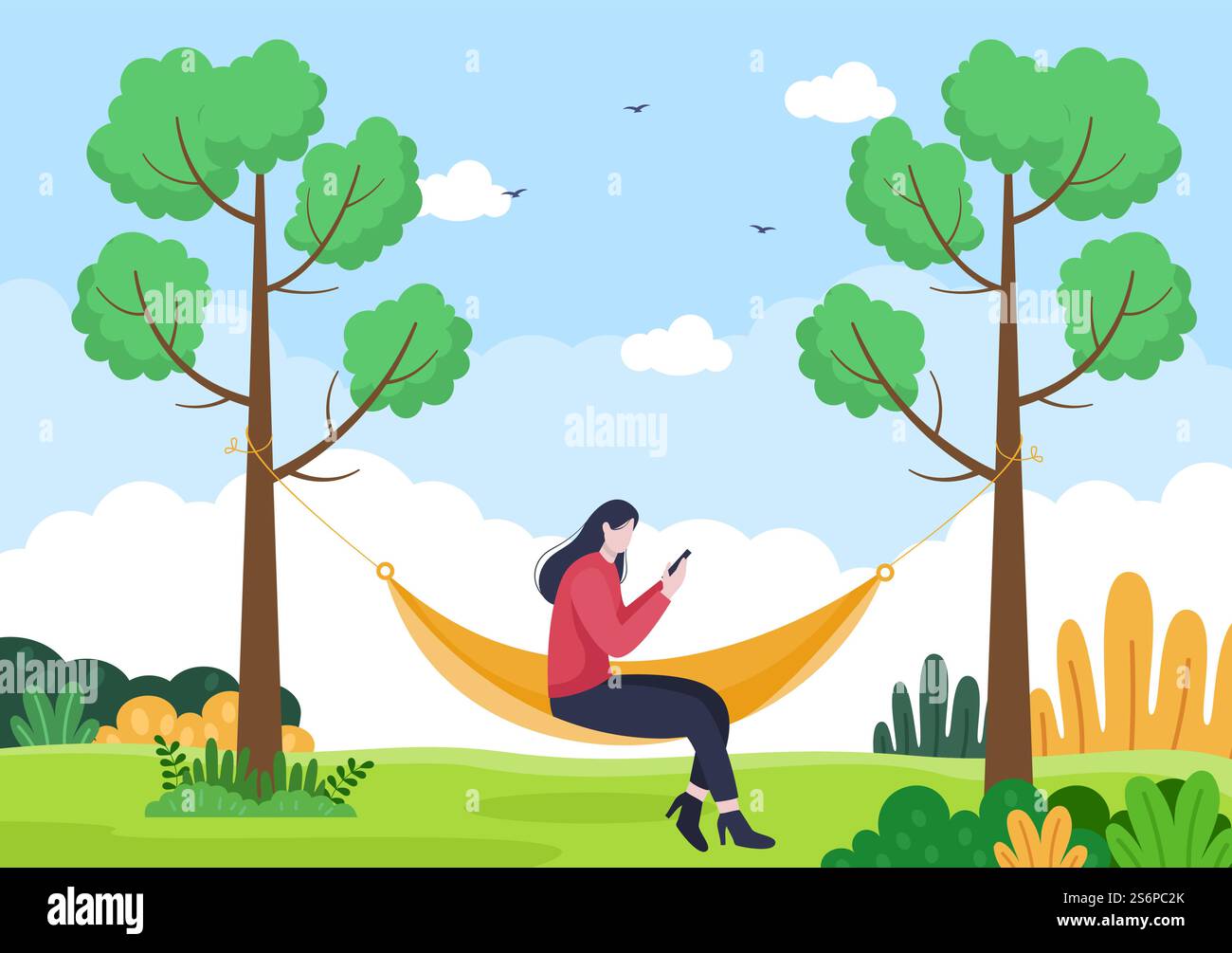 People Lying on Hammock in Park Flat Cartoon Vector Illustration ...