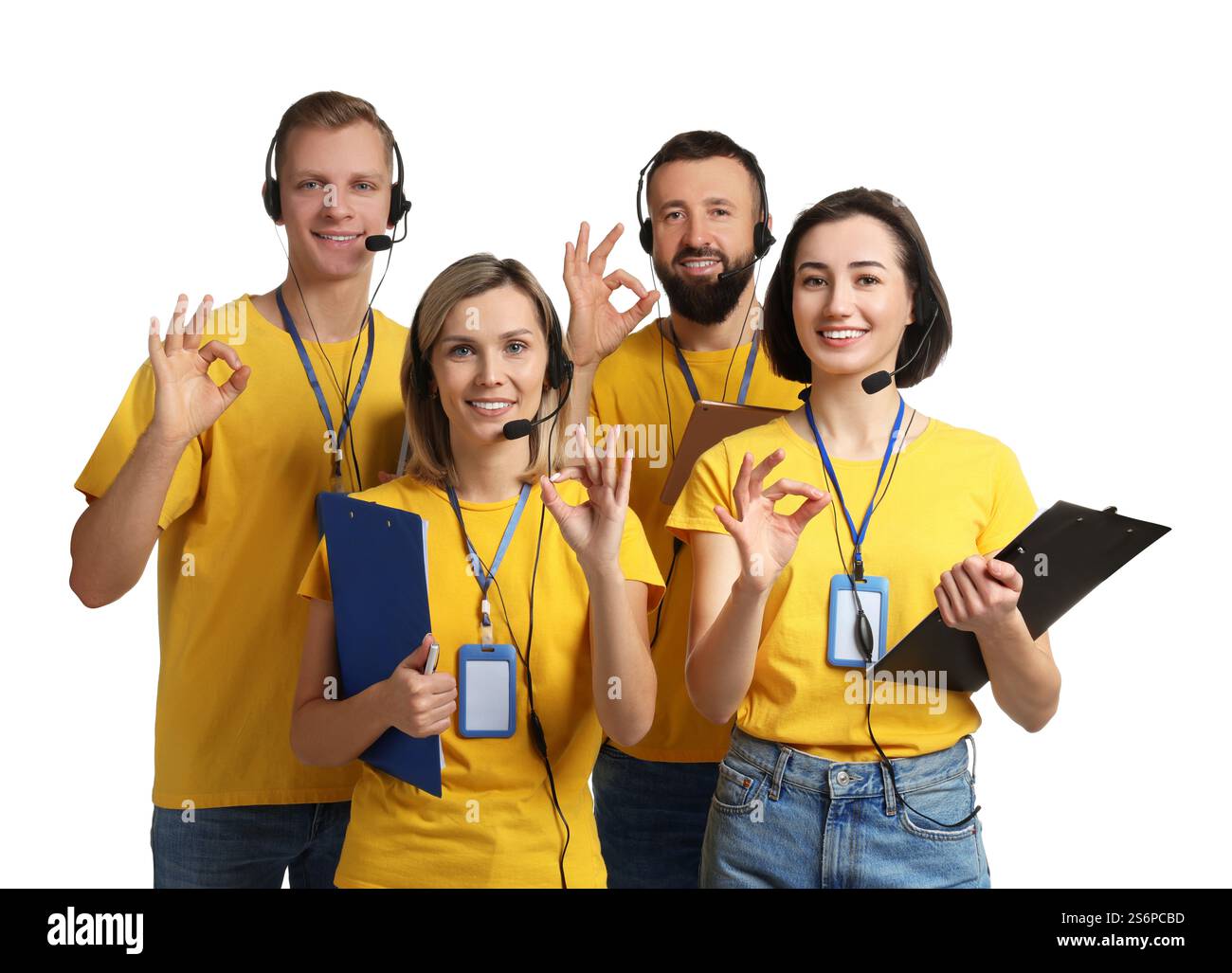 Technical support call center. Team of friendly operators showing ok ...