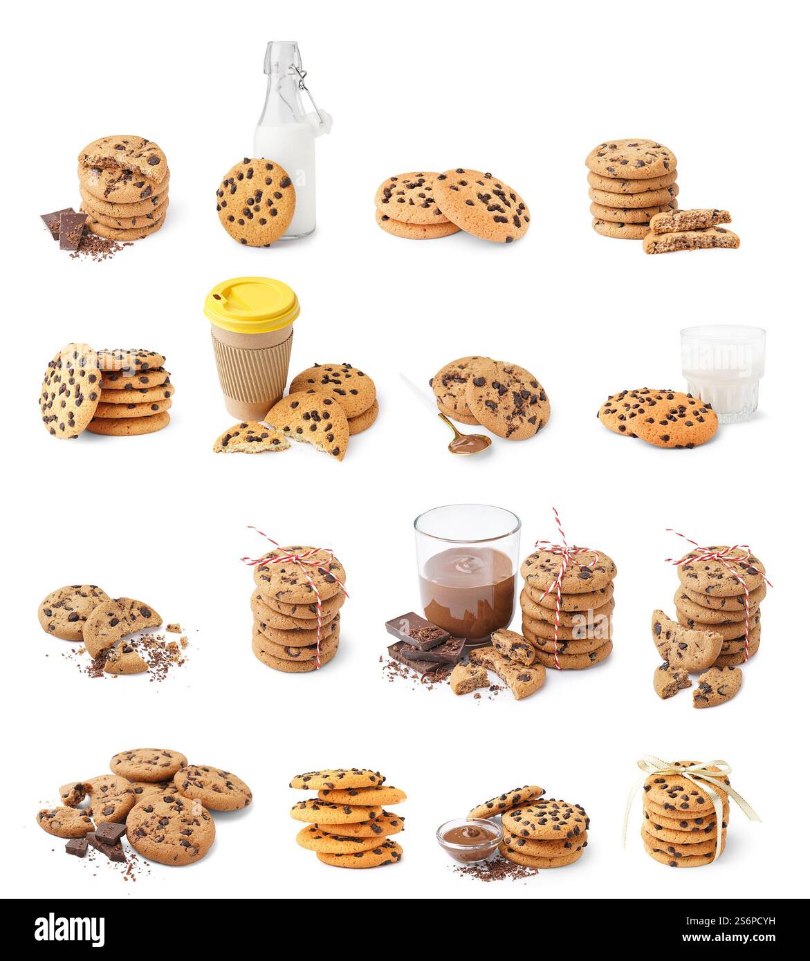 Set of sweet cookies with chocolate chips and drinks on white ...