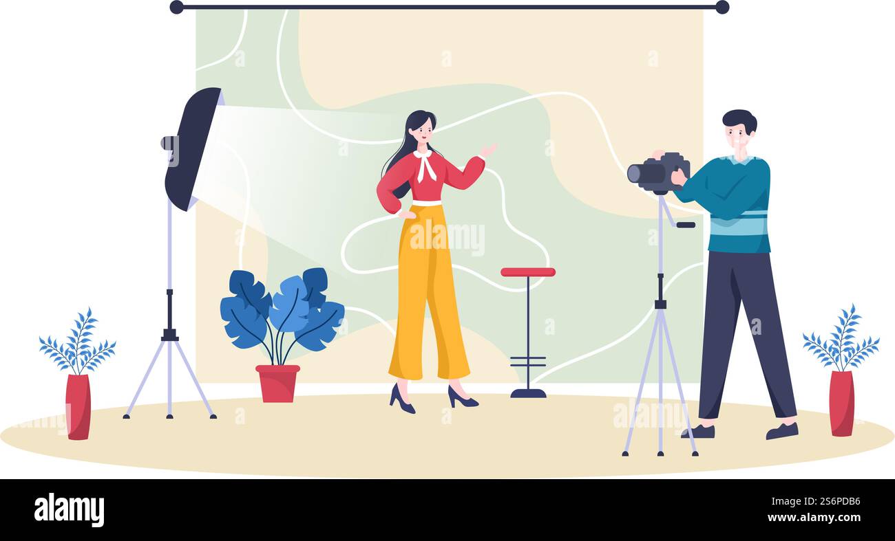 Photography Studio Flat Design Background. Photographer Shooting Model ...