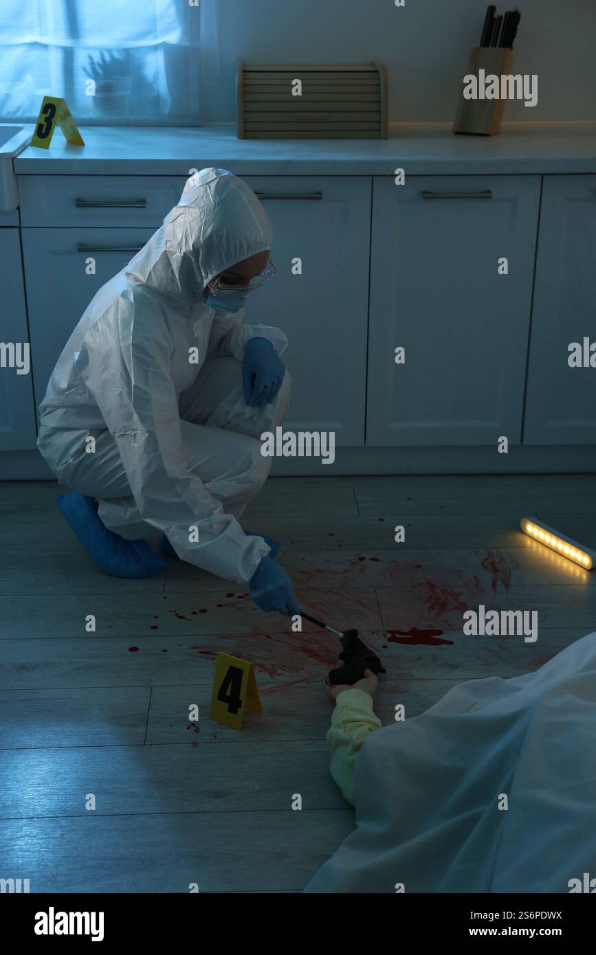 Forensic expert taking fingerprints with brush from gun and dead body ...