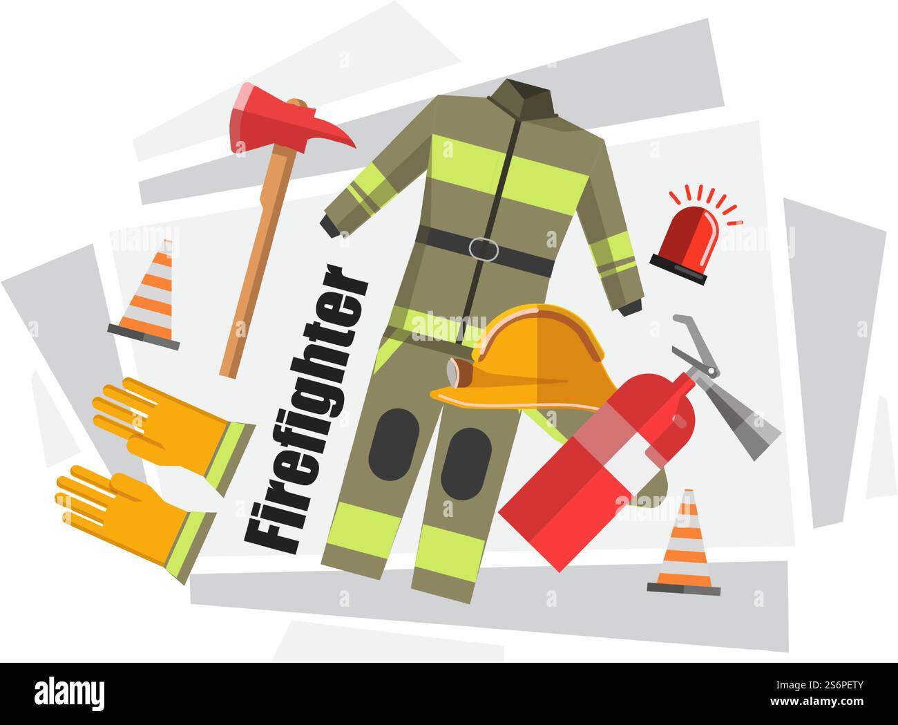 Uniform of firefighter, protective suit with helmet, rubber gloves ...