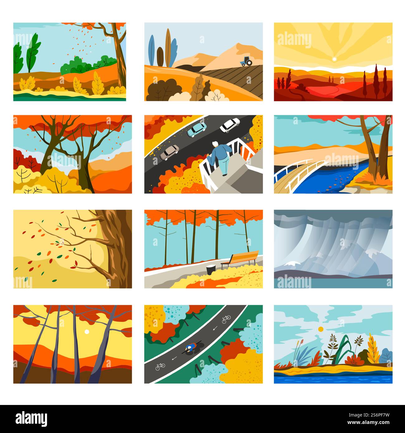 Landscapes, cities and parks with trees, autumn scenes. Forest or woods ...
