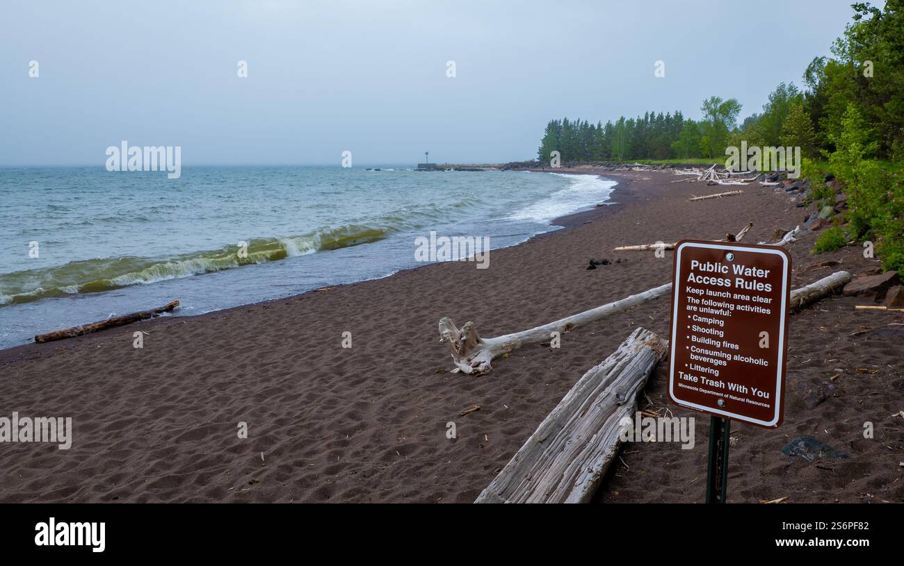 TWO HARBORS, MN - 17 JUN 2024: Sign of Public Water Access Rules at a ...