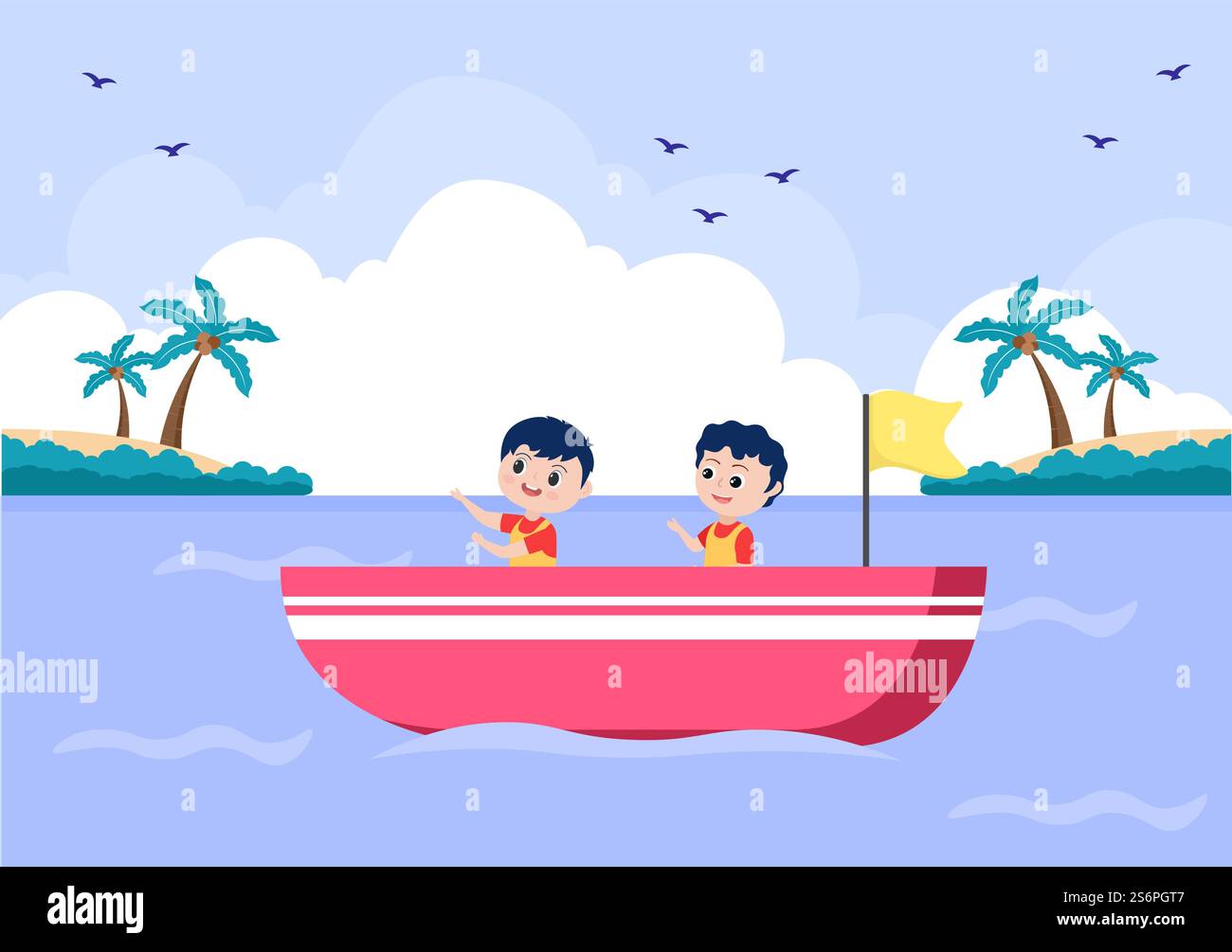 Kids Cartoon Sailing Boat with Sea or Lake View Background Vector ...