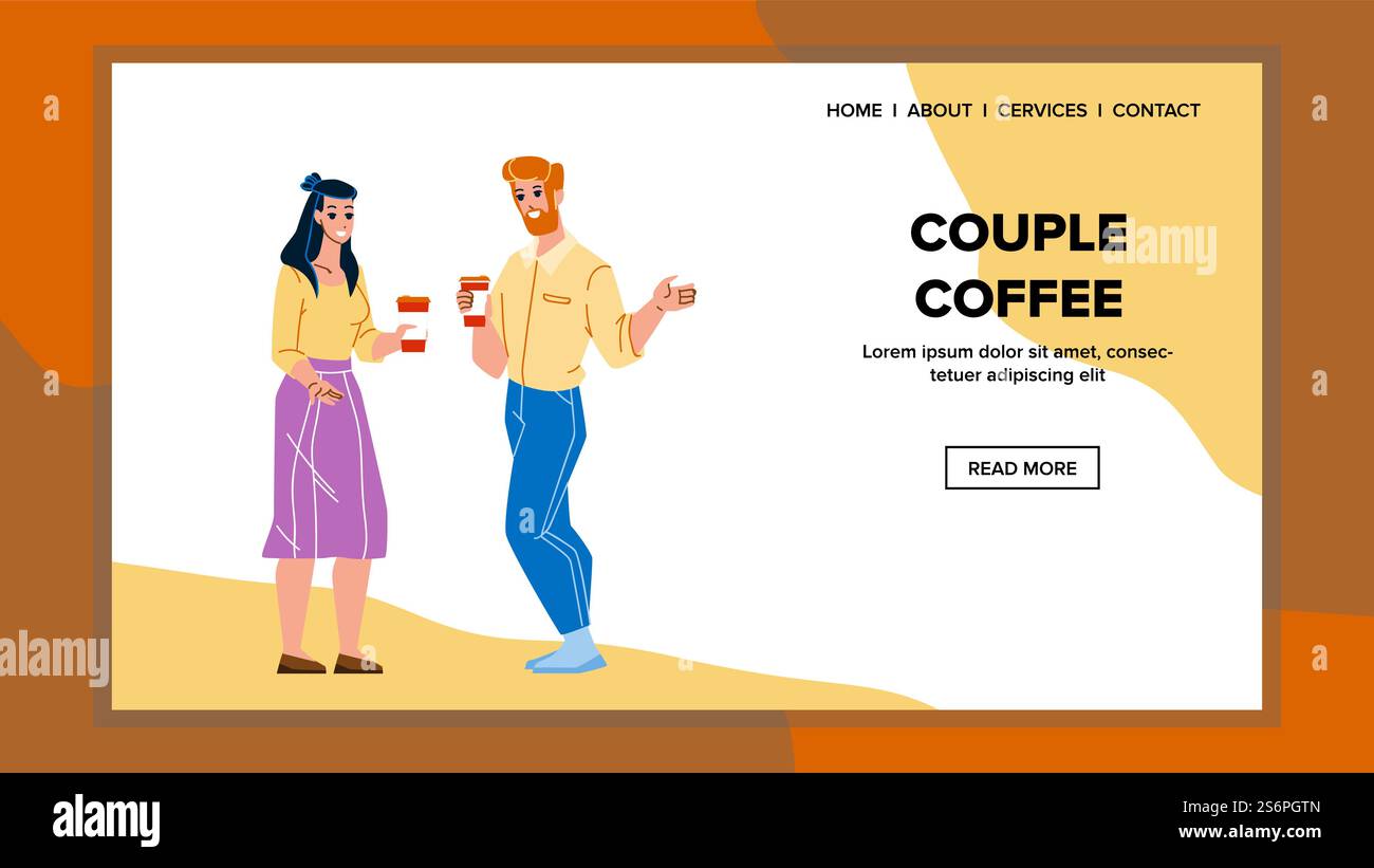 Couple Coffee Drink And Speak Together Vector. Colleagues Couple Coffee ...