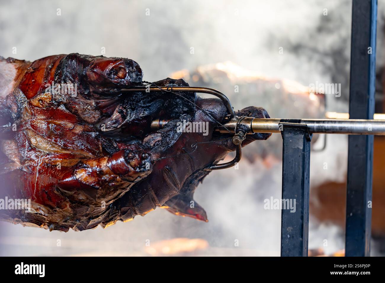 Cook's pig on a spit in the smoke over hot coals. Outdoor grill Stock ...