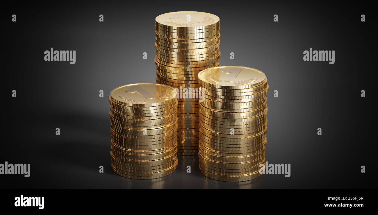 Three piles of golden coins - 3D illustration Stock Photo - Alamy