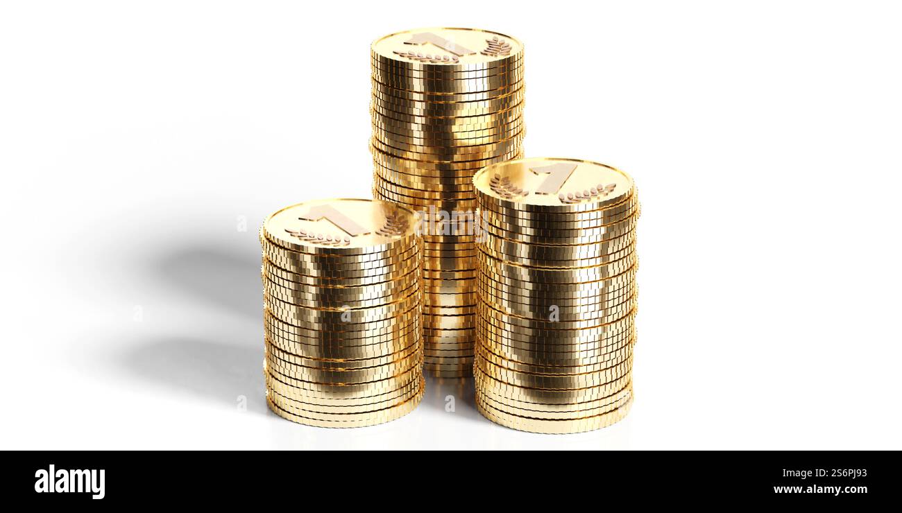 Three piles of golden coins - 3D illustration Stock Photo - Alamy