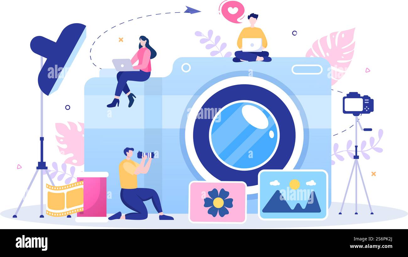 Photographer Flat Design Background with Camera, Digital Film Equipment ...
