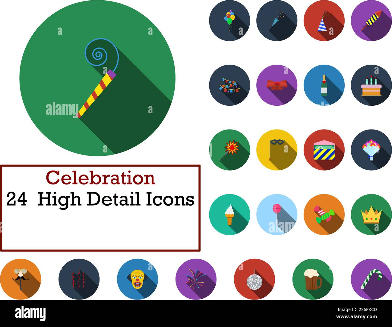 Celebration Icon Set. Flat Design With Long Shadow. Vector illustration ...