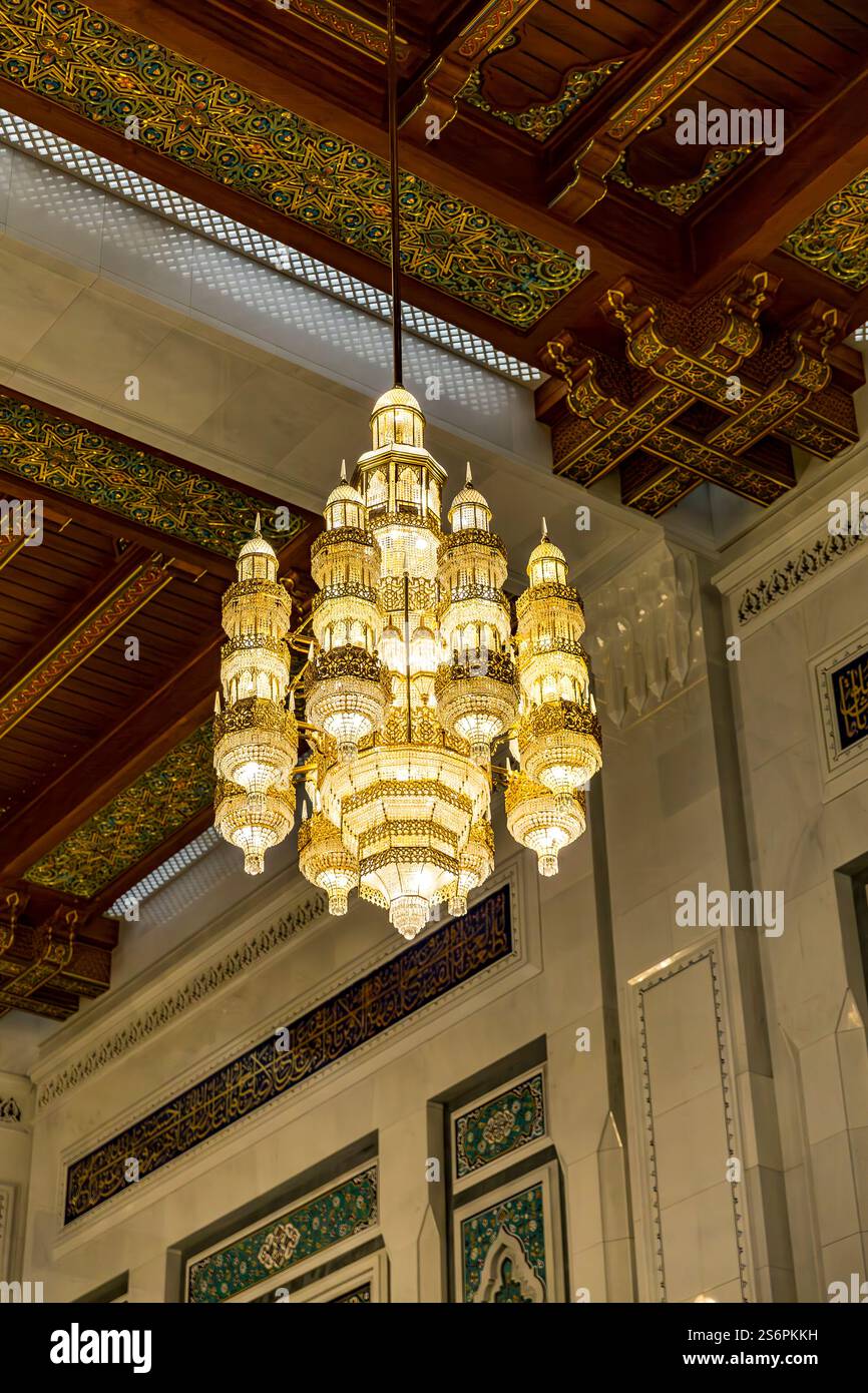 Crystal chandeliers in the main prayer hall, Sultan Qaboos Grand Mosque ...