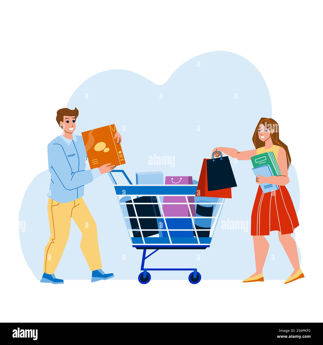 Shoppers Couple Goods Add To Cart In Market Vector. Man And Woman Add ...