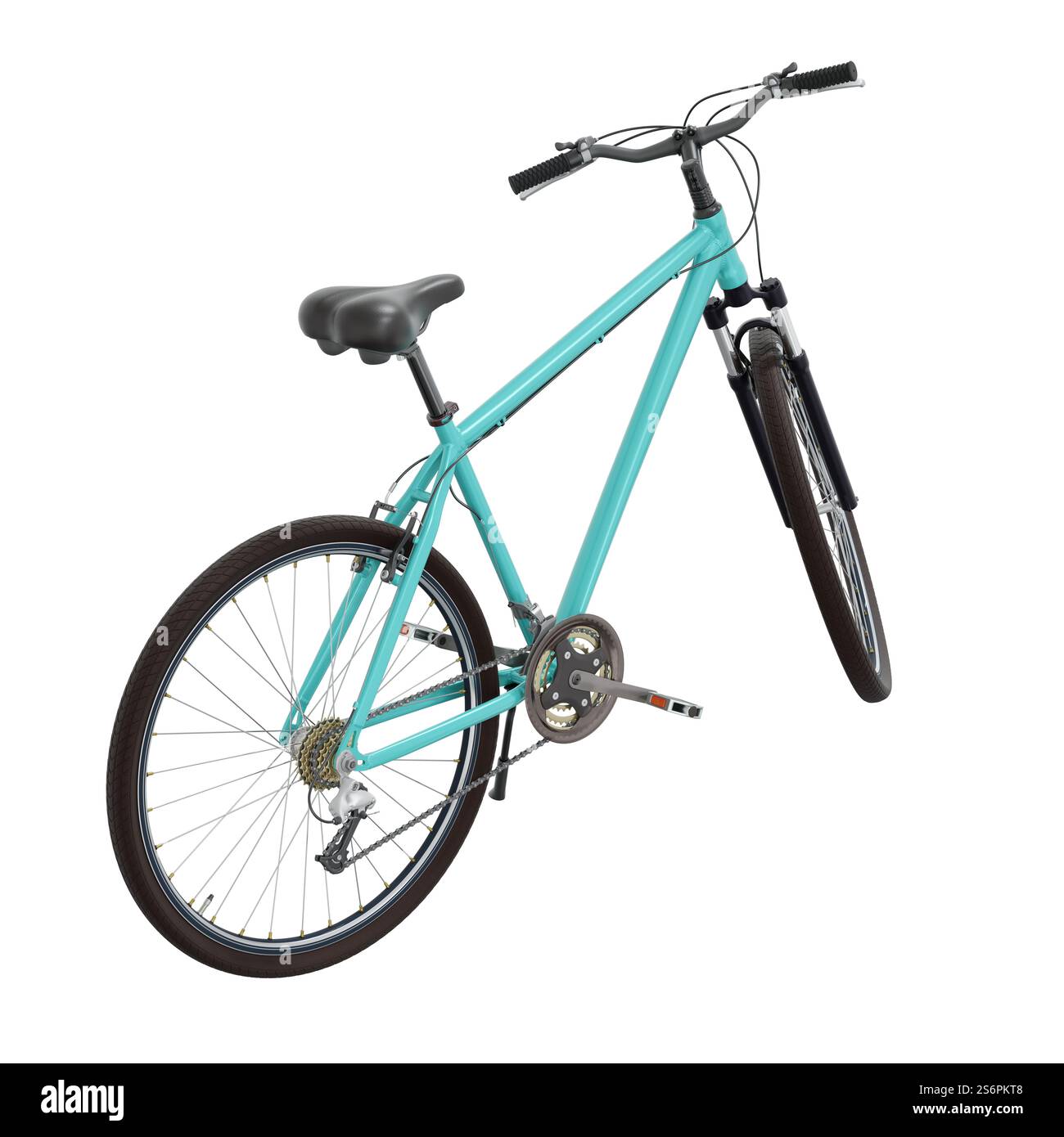 Blue teal bicycle standing while leaning on kickstand, side back view ...
