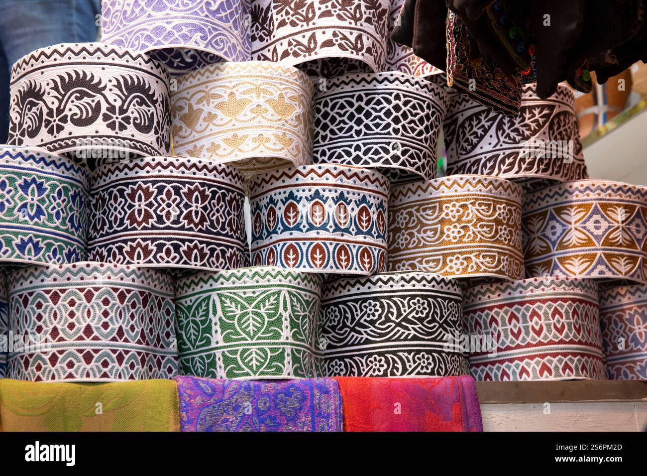 Traditional hats, clothes sale, Mutrah Souk, Muscat, Muscat, Oman ...