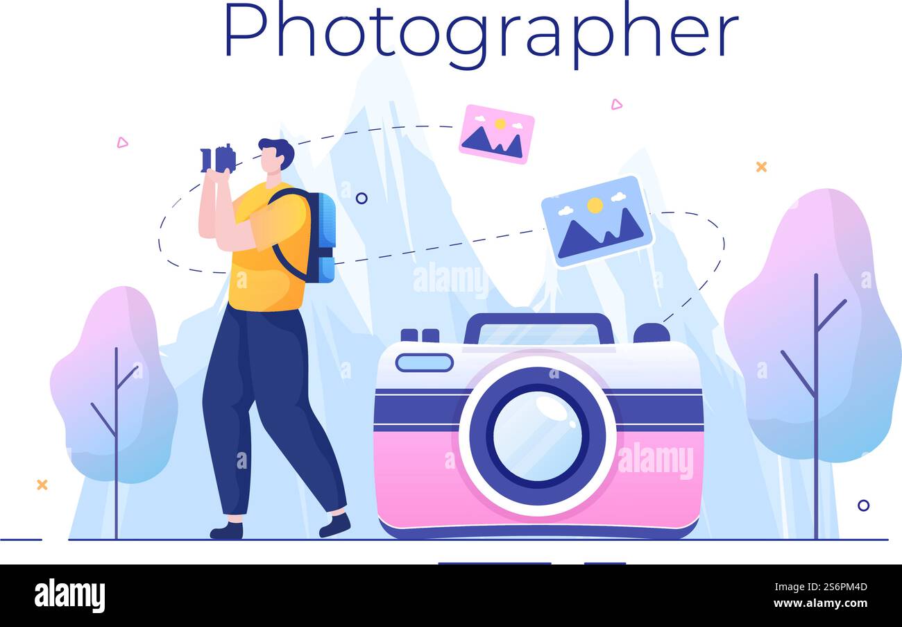 Photographer Flat Design Background with Camera, Digital Film Equipment ...