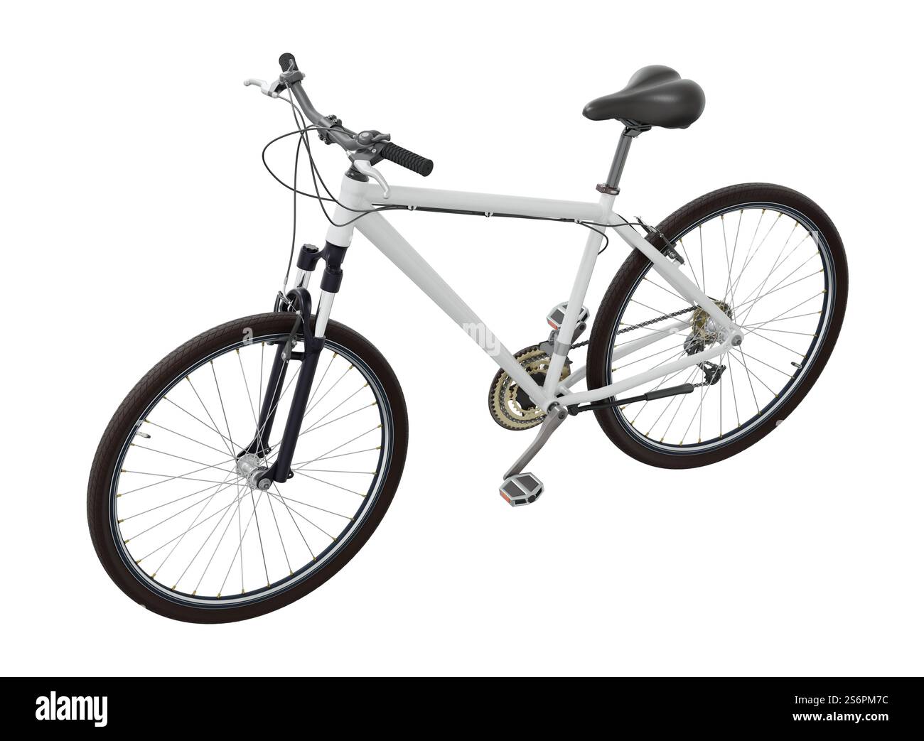 White bicycle, side top view. Black leather saddle and handles ...