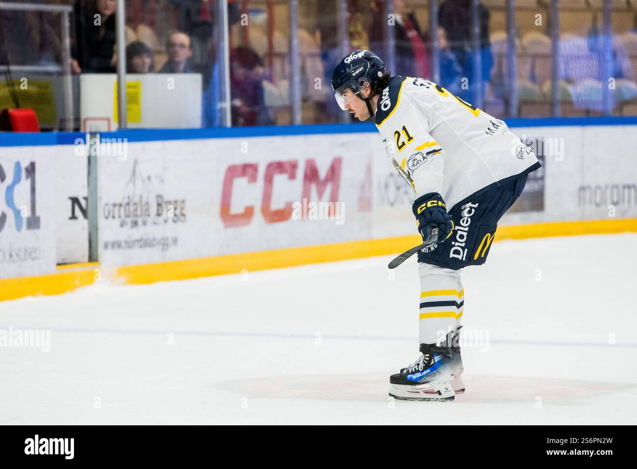 Mora, Sverige. 17th Jan, 2025. 250117 Södertäljes Nolan Stevens deppar efter ishockeymatchen i ...