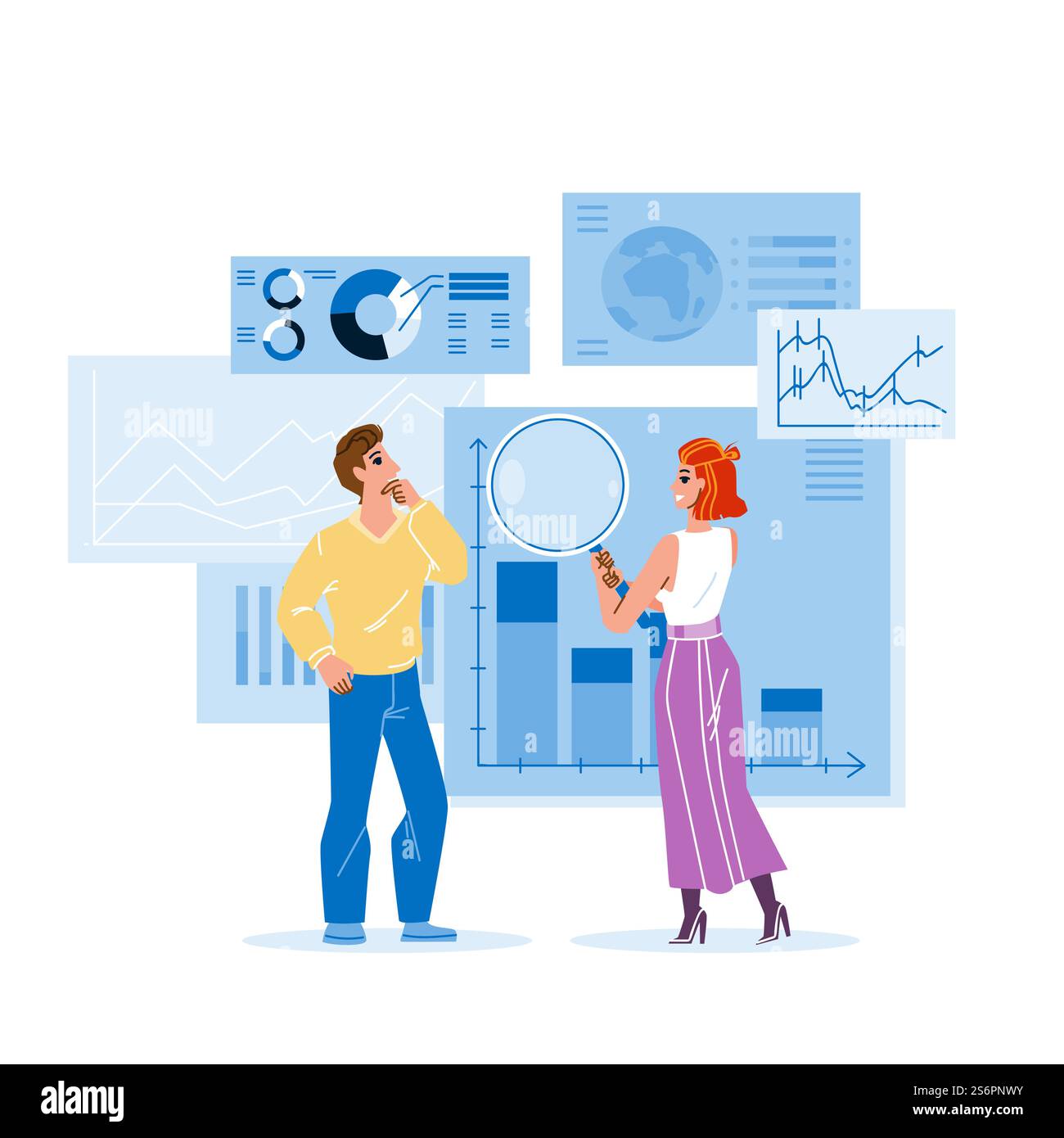 Man And Woman Managers Data Monitoring Vector. Boy And Girl Workers ...