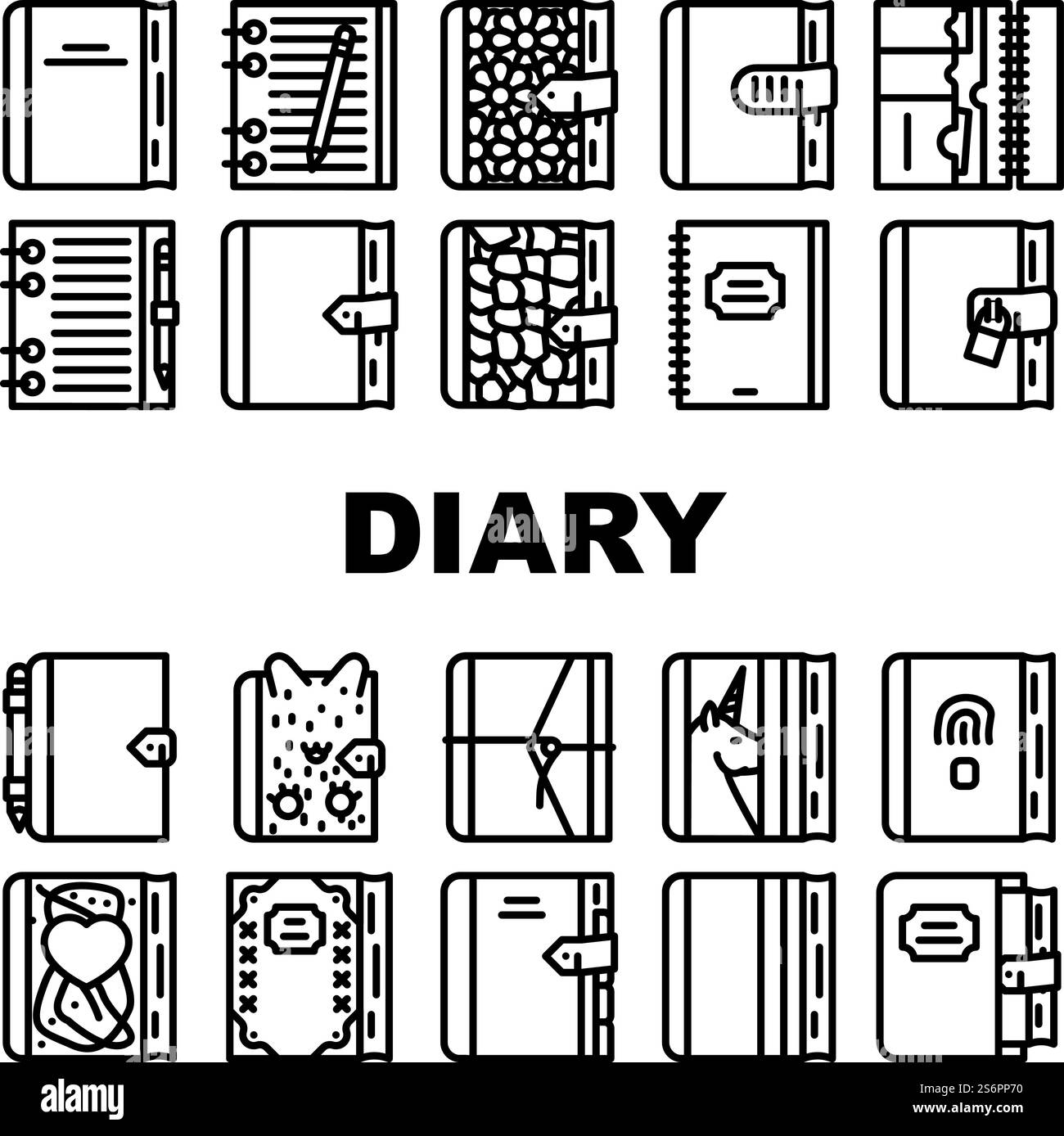 Diary Paper Stationery Accessory Icons Set Vector. Diary With Pen And ...