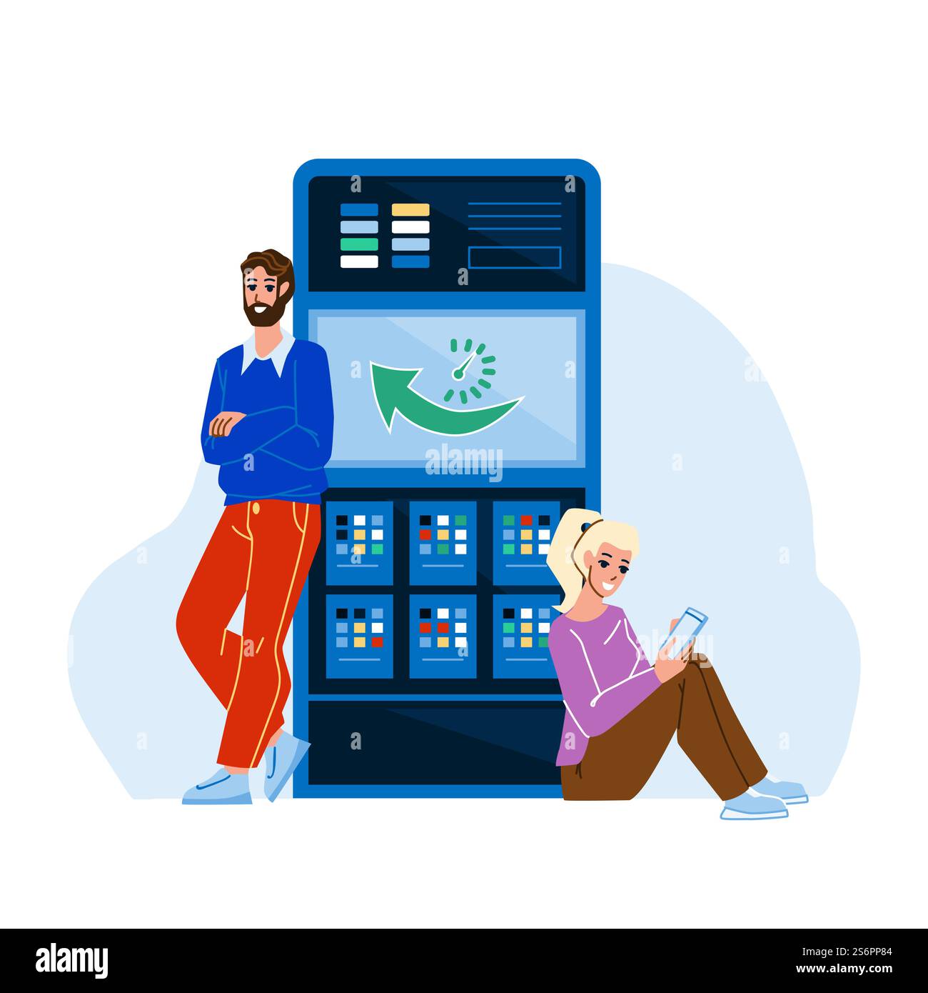 Server Uptime Checking Developers It Worker Vector. Young Man And Woman ...