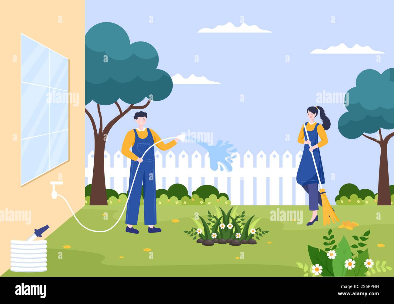Cleaning Service flat Design Illustration. People Sweeping and Clean in ...