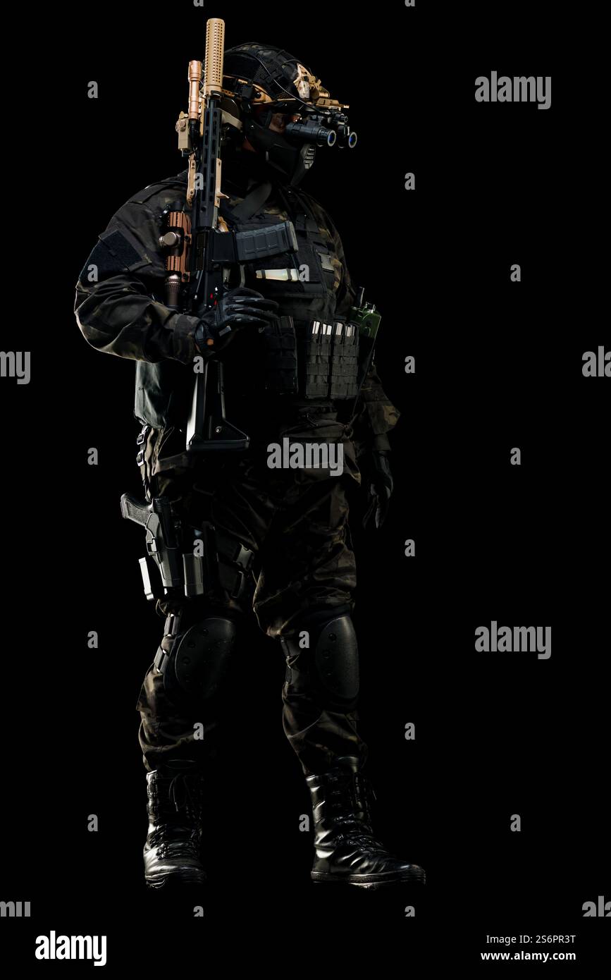 A tactical soldier in modern military gear holding a rifle, surrounded ...