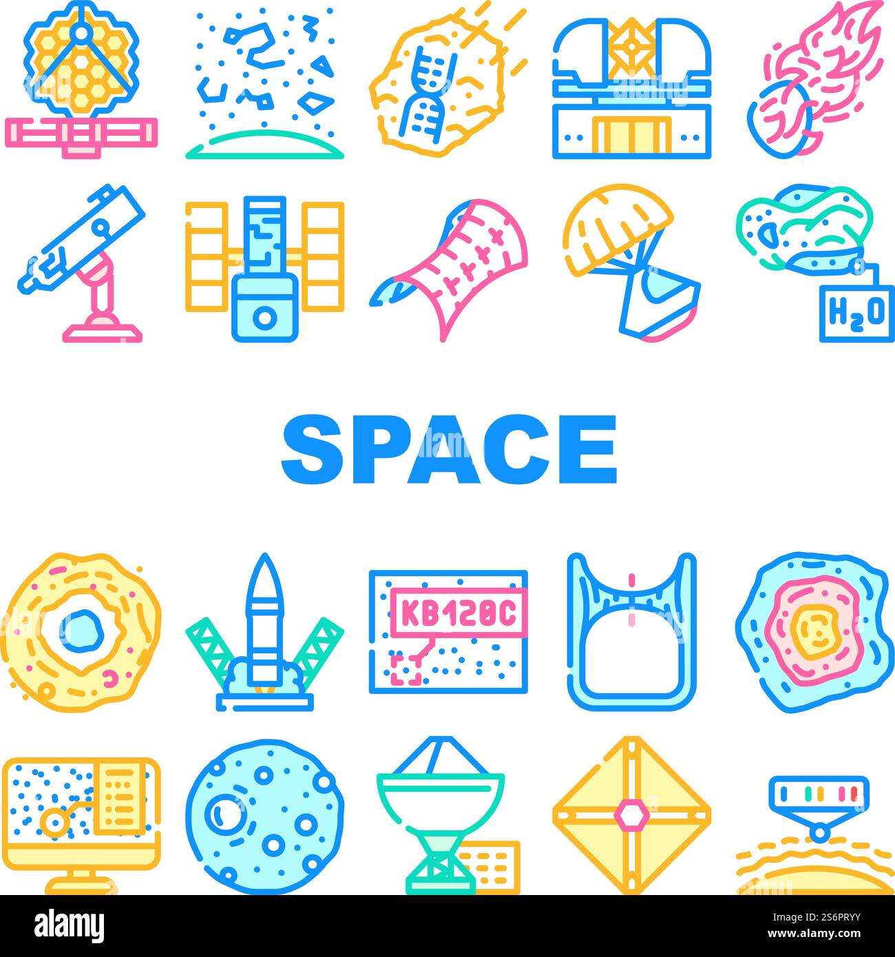 Space Researchment Equipment Icons Set Vector. Hubble Telescope Tool ...
