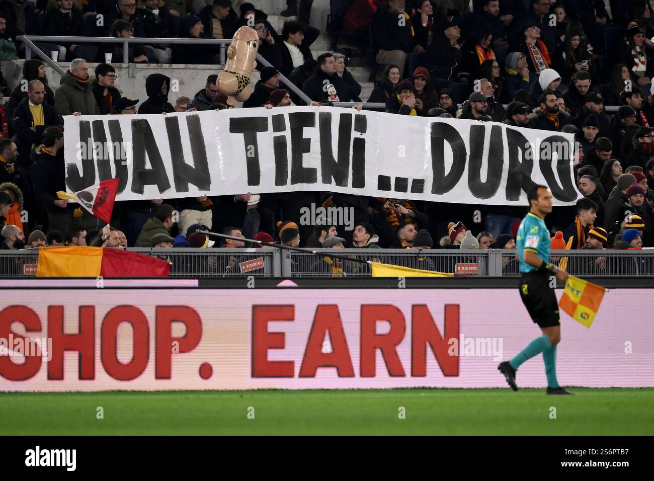 Rome, Italy. 17th Jan, 2025. Roma fans display a banner mocking Lazio ...