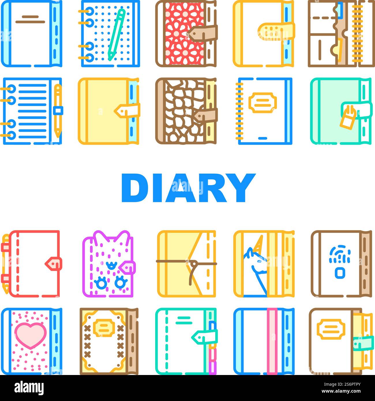 Diary Paper Stationery Accessory Icons Set Vector. Diary With Pen And ...