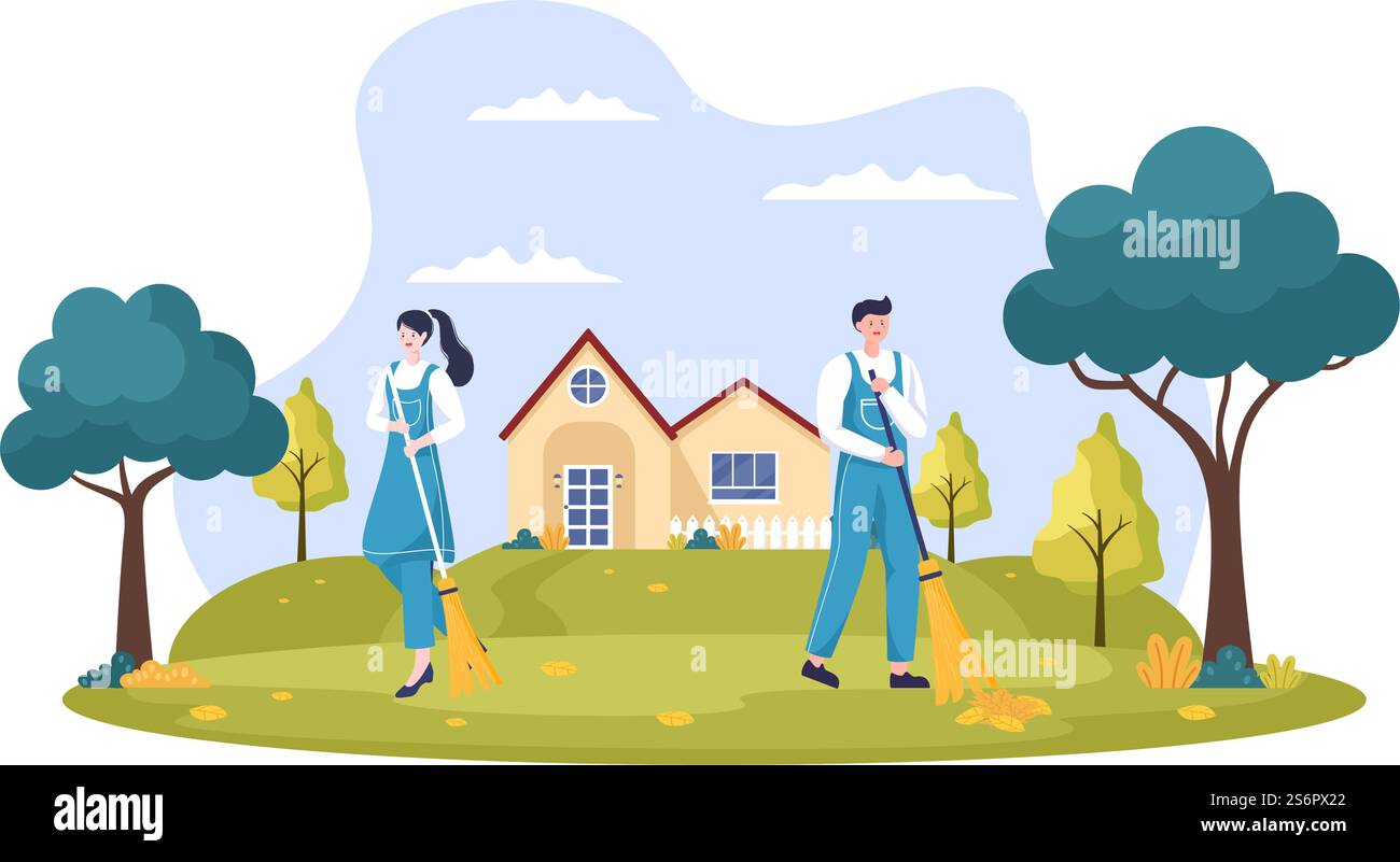 Cleaning Service flat Design Illustration. People Sweeping and Clean in ...