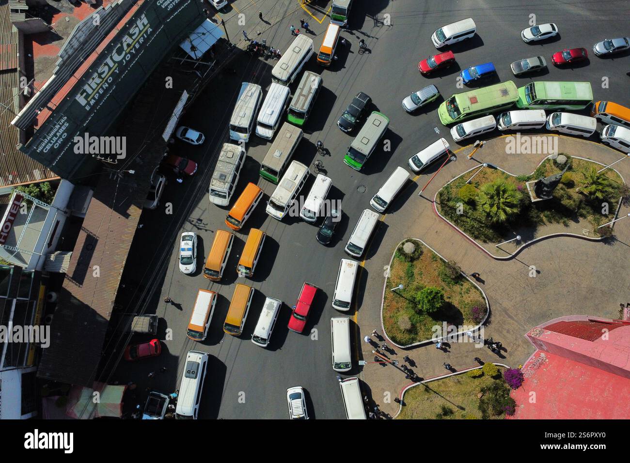 Aerial view of buses around the Coyote roundabout in Nezahualcoyotl ...
