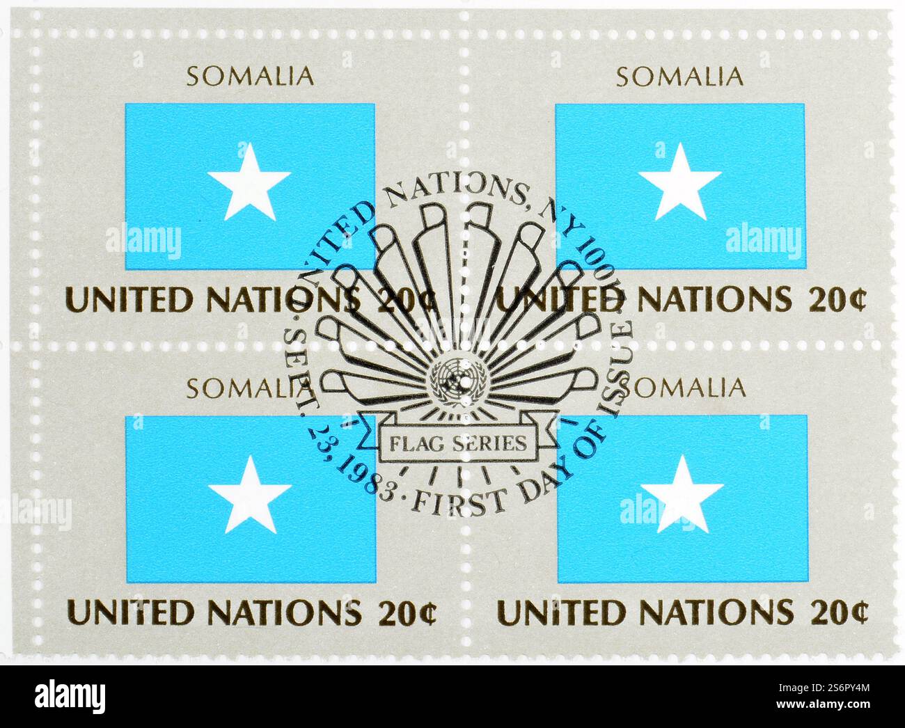 Cancelled postage stamps printed by United Nations, that show Flag of ...
