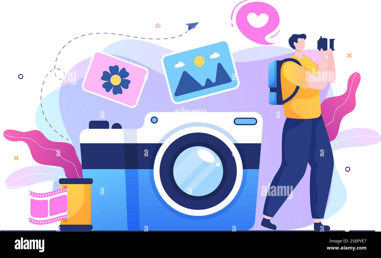 Photographer Flat Design Background with Camera, Digital Film Equipment ...