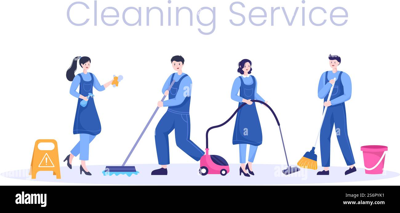 Cleaning Service flat Design Illustration. People Vacuum, Wipe the Dust ...