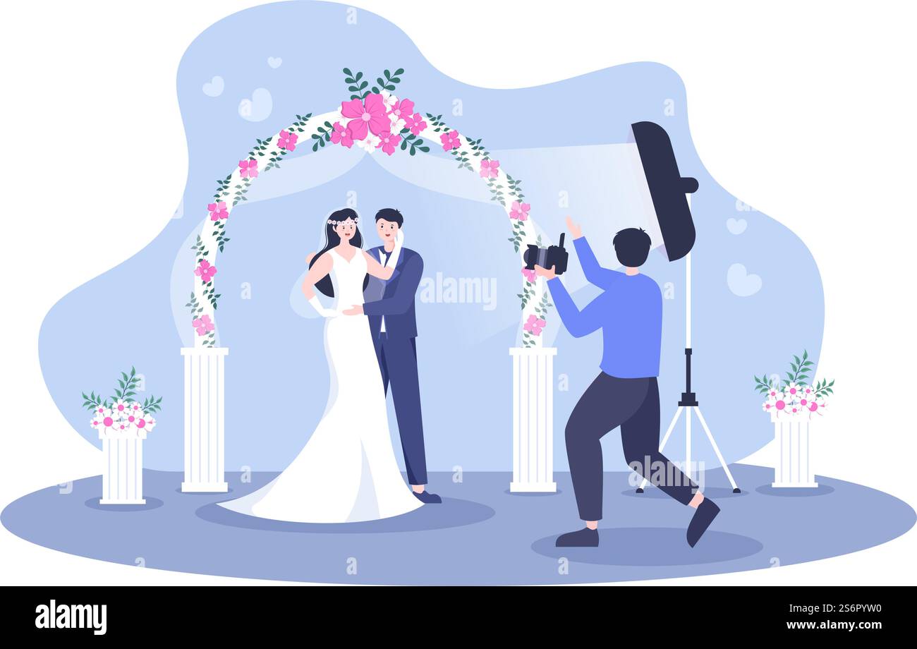 Wedding Studio Photo Flat Design. Photographer Shooting Model Man and ...