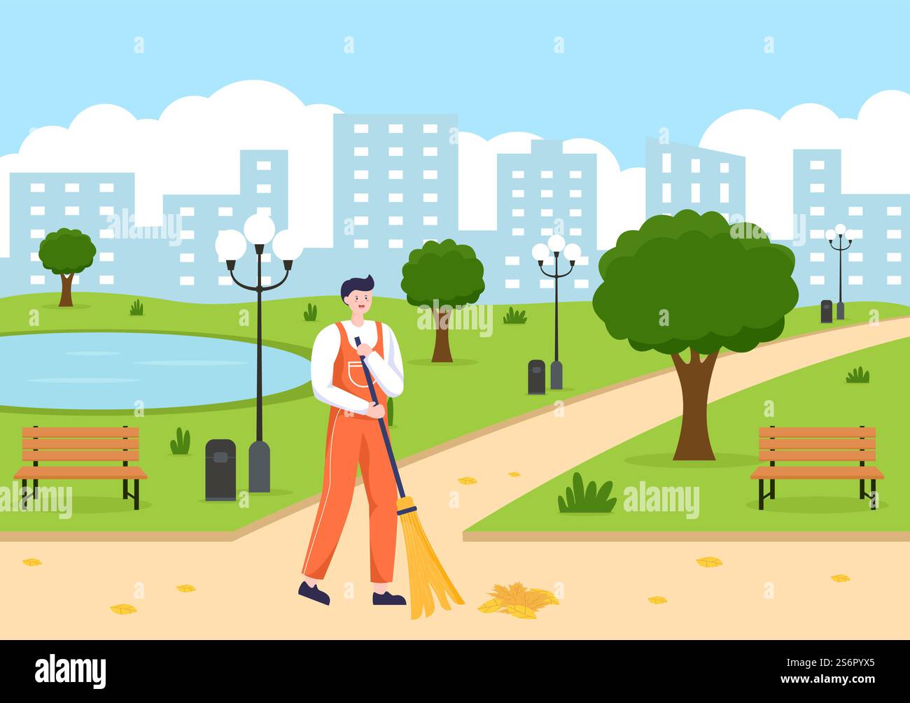 Cleaning Service flat Design Illustration. People Sweeping and Clean in ...