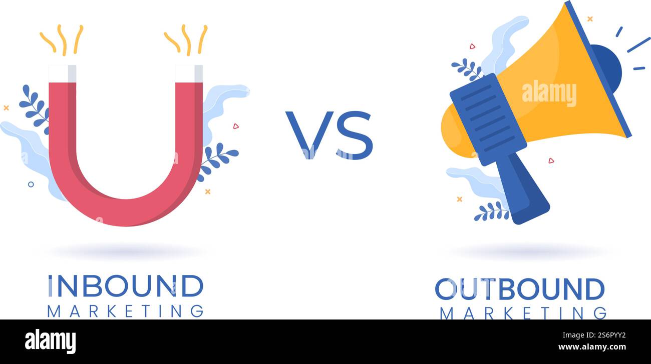 Inbound and Outbound Marketing Business Vector Illustration with Magnet ...